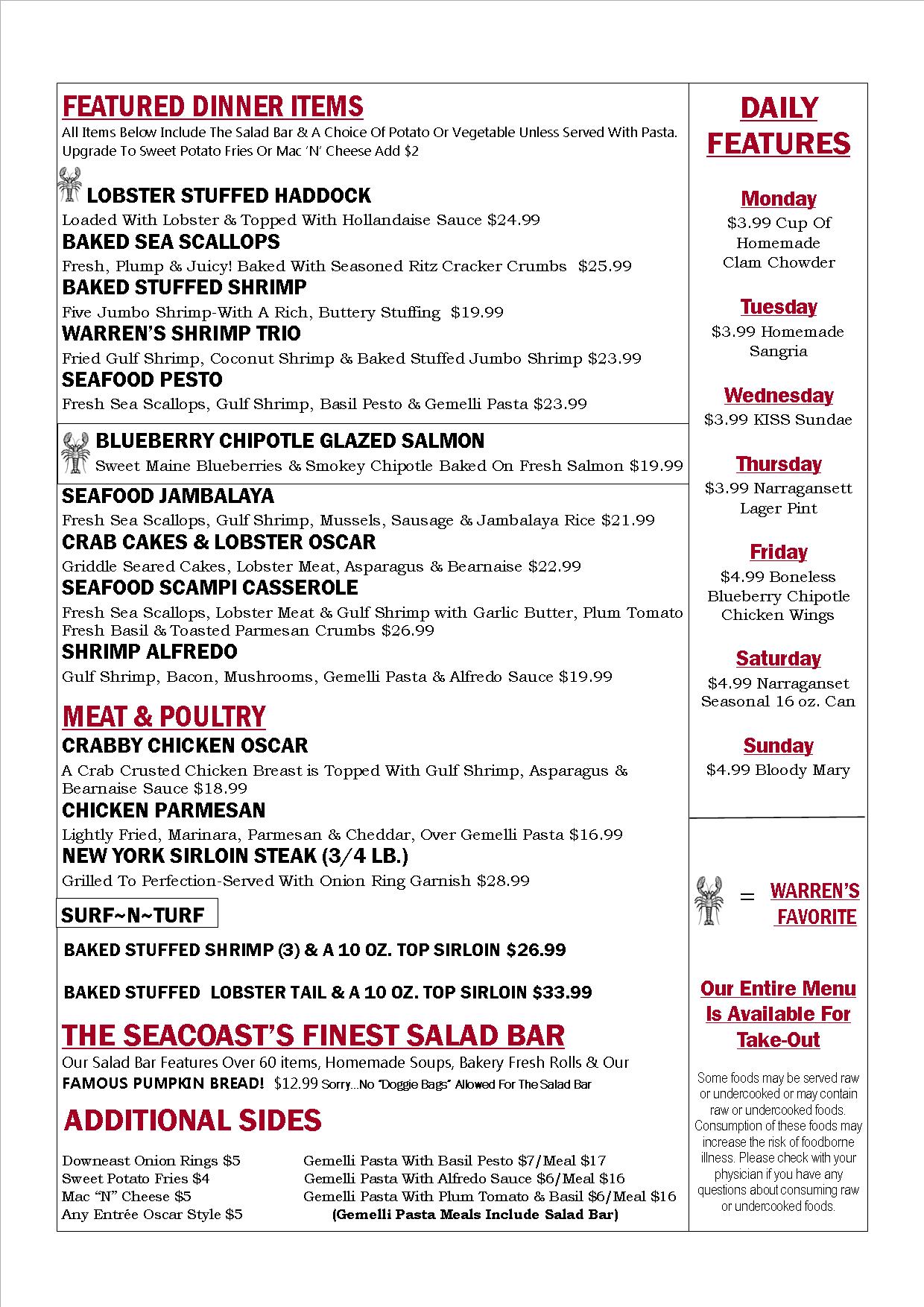 Dinner Menu Warren s Lobster House Dinner Menu Warren s Lobster House